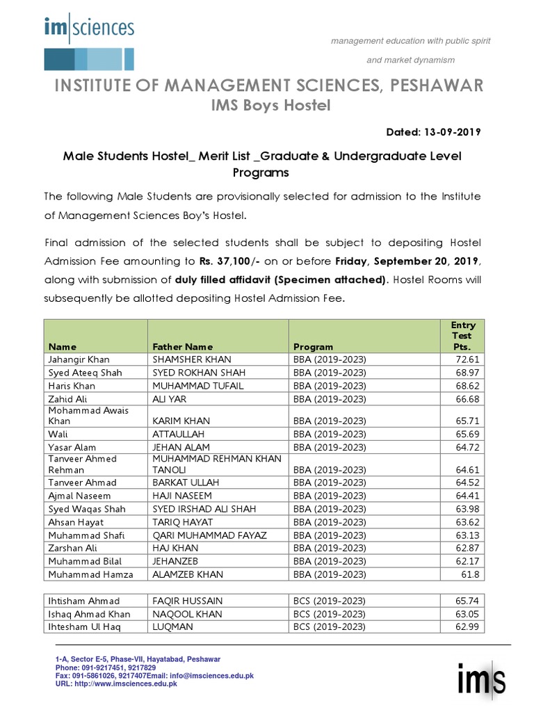 Institute of Management Sciences, Peshawar: IMS Boys Hostel | PDF ...