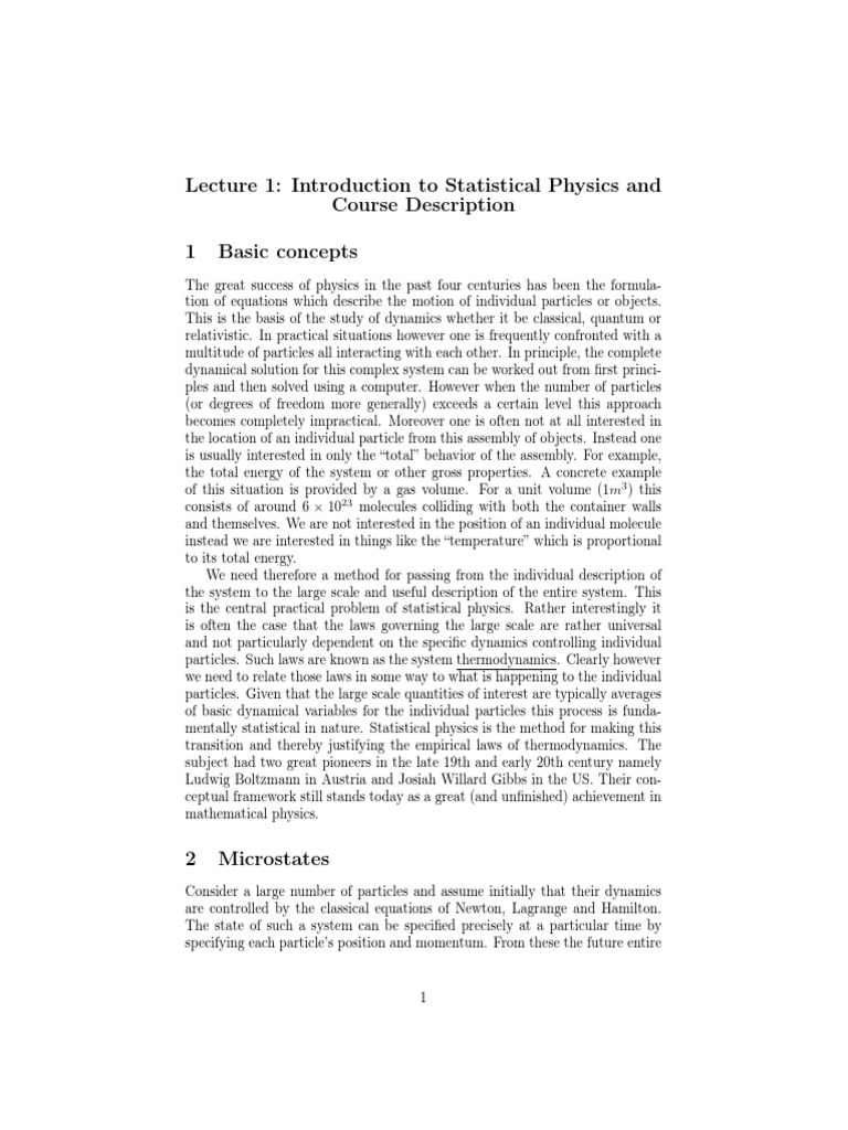 Lecture 1: Introduction To Statistical Physics and Course Description 1 ...