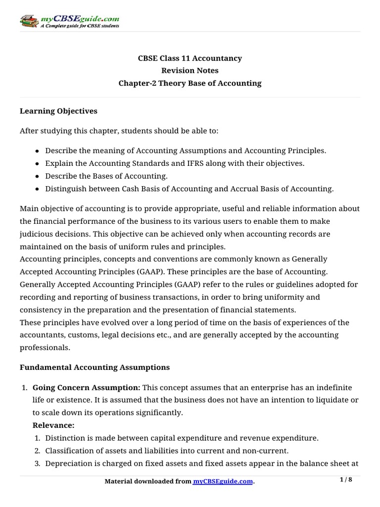 CBSE Class 11 Accountancy Revision Notes Chapter-2 Theory Base of ...