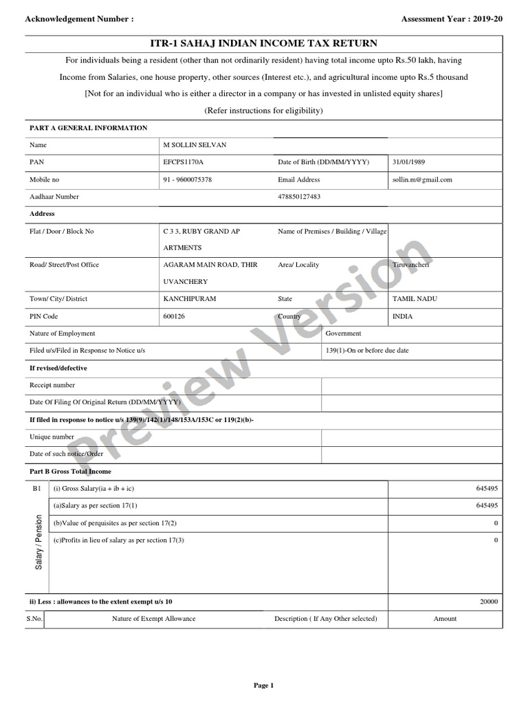 Itr-1 Sahaj Indian Income Tax Return: Acknowledgement Number ...