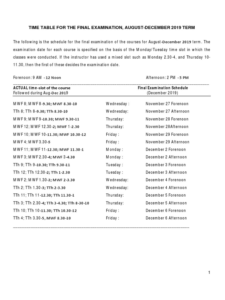 Time Table For The Final Examination, August-December 2019 Term | PDF
