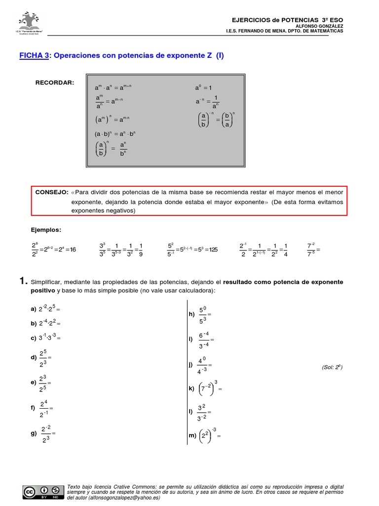 Ejercicios de Potencias para 3º ESO | PDF | Exponenciación | Análisis ...