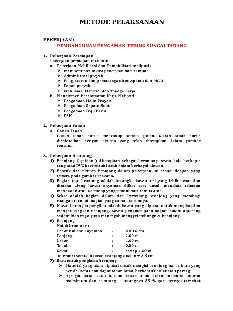 Metode Pekerjaan Bronjong Sungai Tabang | PDF