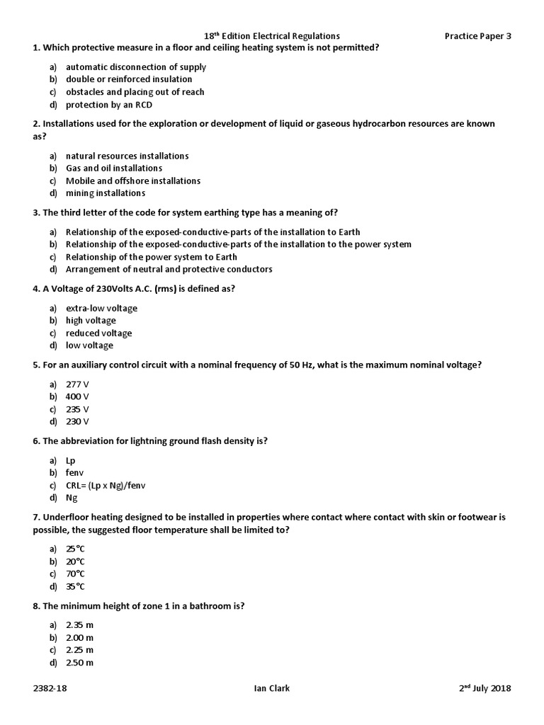 18th BS7671 Practice Paper 3 | PDF | Electrical Wiring | Fuse (Electrical)