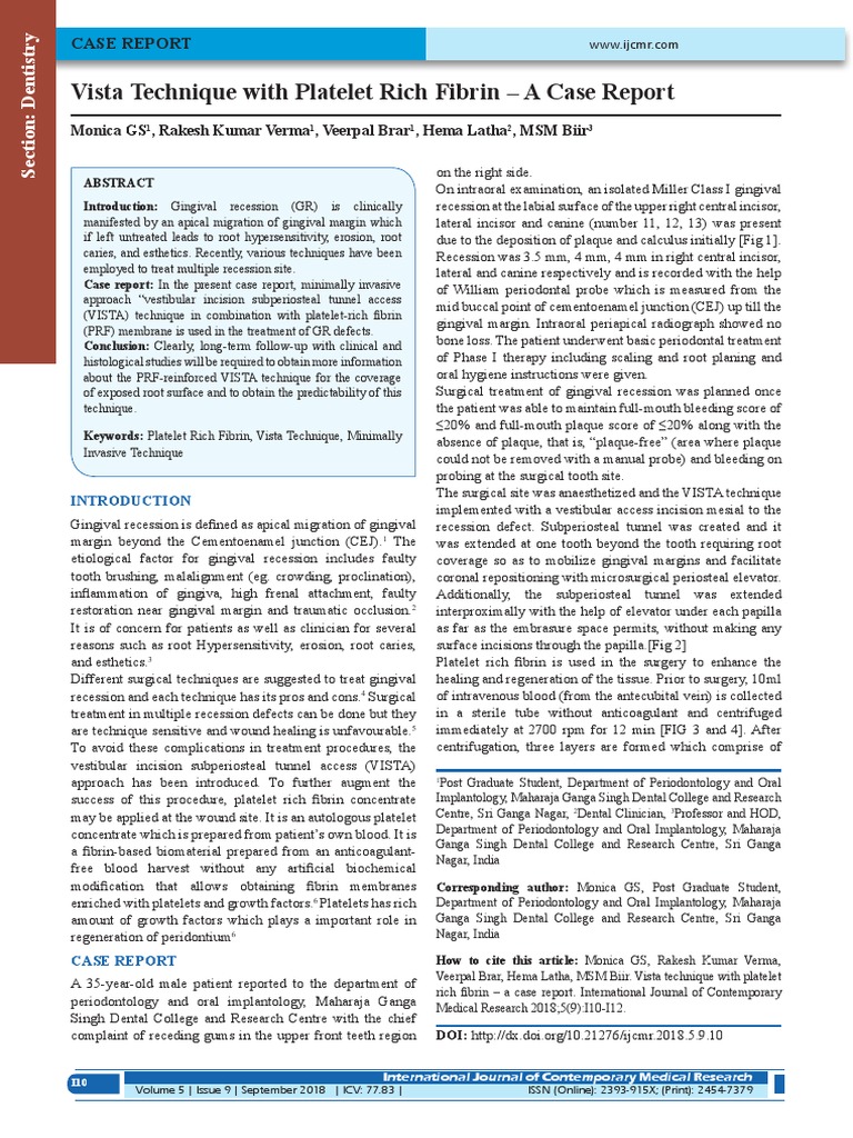 A Case Report on Using the VISTA Technique with Platelet Rich Fibrin to ...