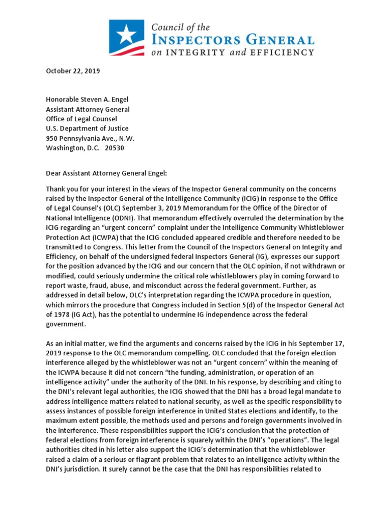 CIGIE Letter to OLC Whistleblower Disclosure | Whistleblower | United ...