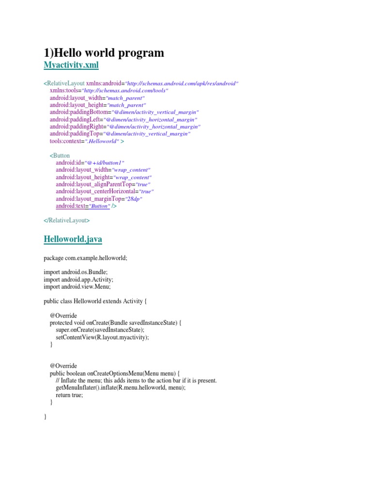 1) Hello World Program: Myactivity - XML | PDF | Android (Operating ...
