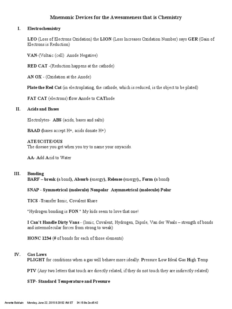 Mnemonic Devices For The Awesomeness That Is Chemistry | PDF | Redox ...