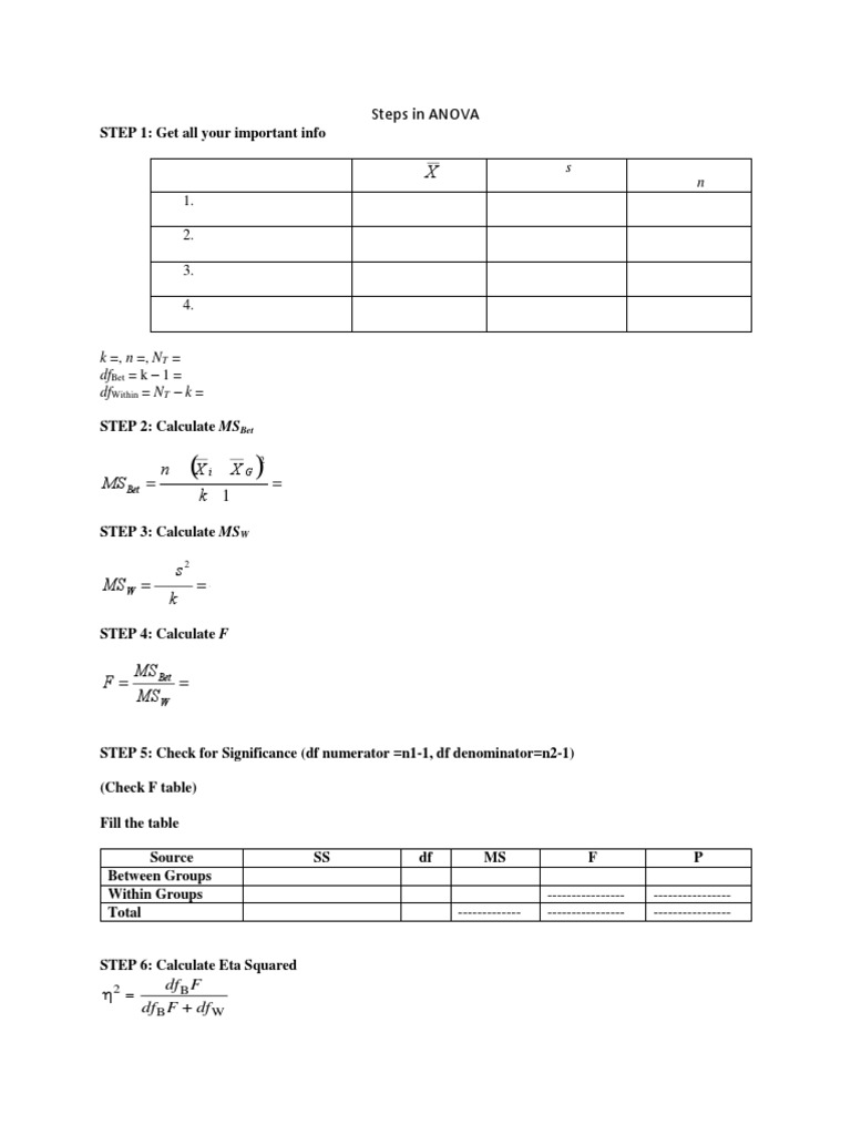 Guide and Formulas For ANOVA | PDF | Student's T Test | Analysis Of ...