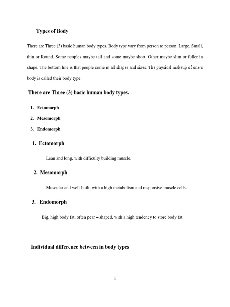 Types of Body: 1. Ectomorph 2. Mesomorph 3. Endomorph | PDF