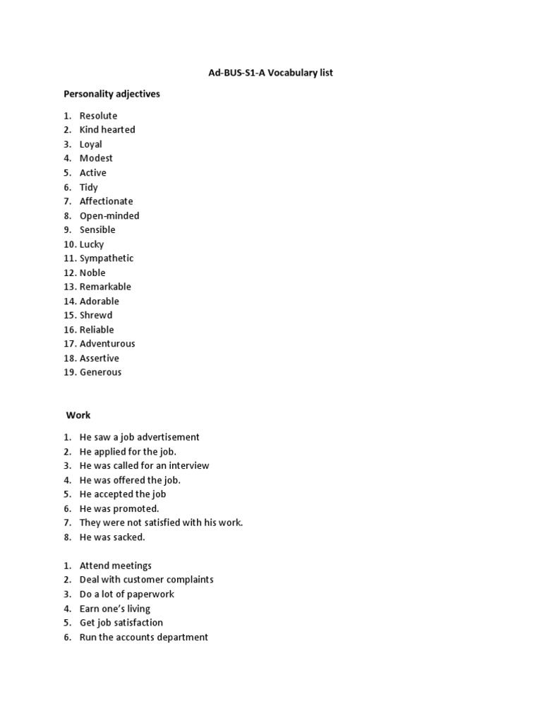 Ad-BUS-S1-A Vocabulary List Personality Adjectives | PDF | Money | Business