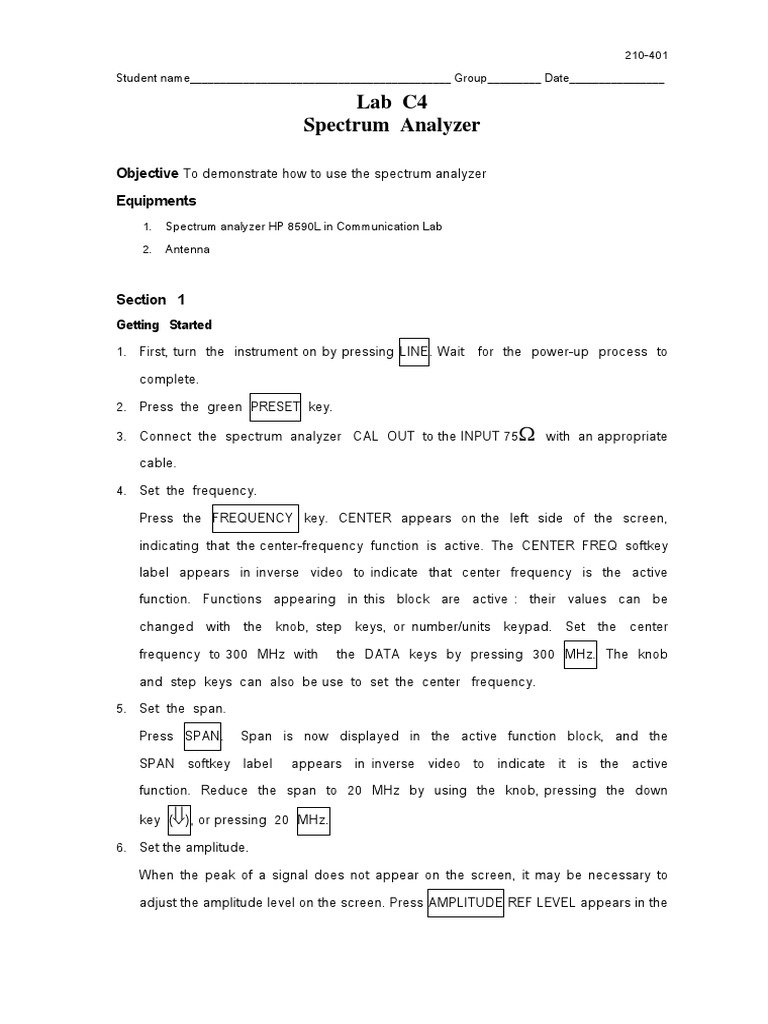 Objective Equipments: Lab C4 Spectrum Analyzer | PDF | Bandwidth (Signal Processing) | Spectral ...