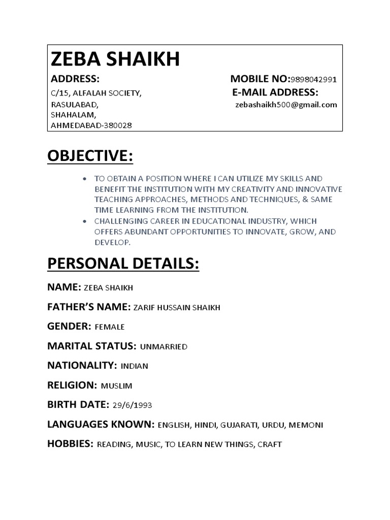Zeba Shaikh: Objective | PDF | Gujarat | Teaching