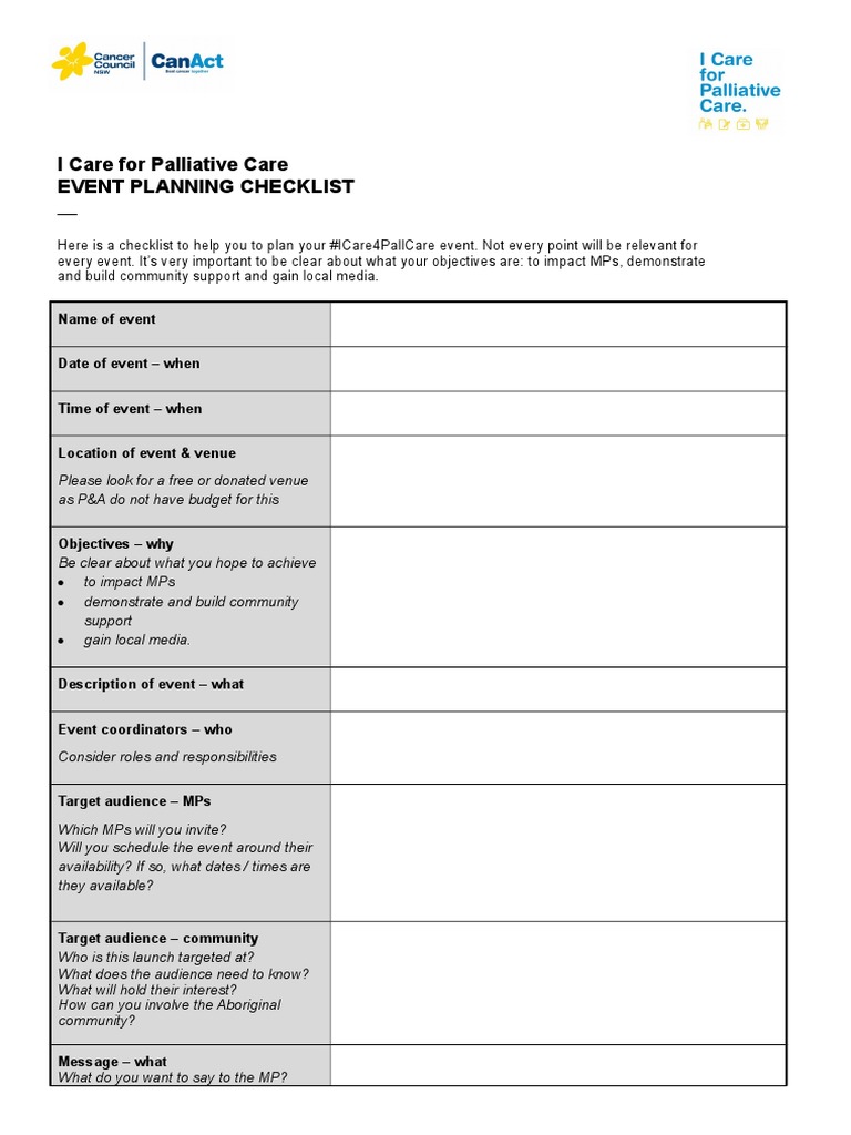 I Care For Palliative Care Event Planning Checklist | PDF | Target ...