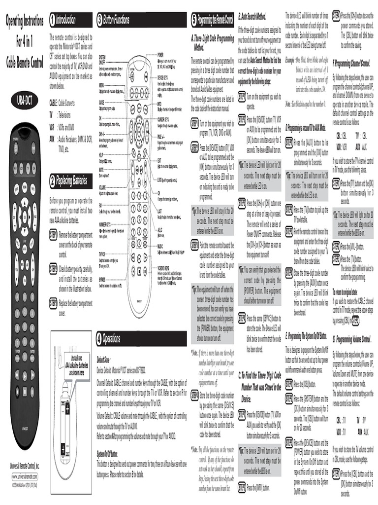 Operating Instructions For 4 in 1 Cable Remote Control: Button ...
