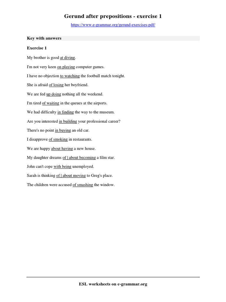 Gerund after prepositions exercise 1 answers | PDF