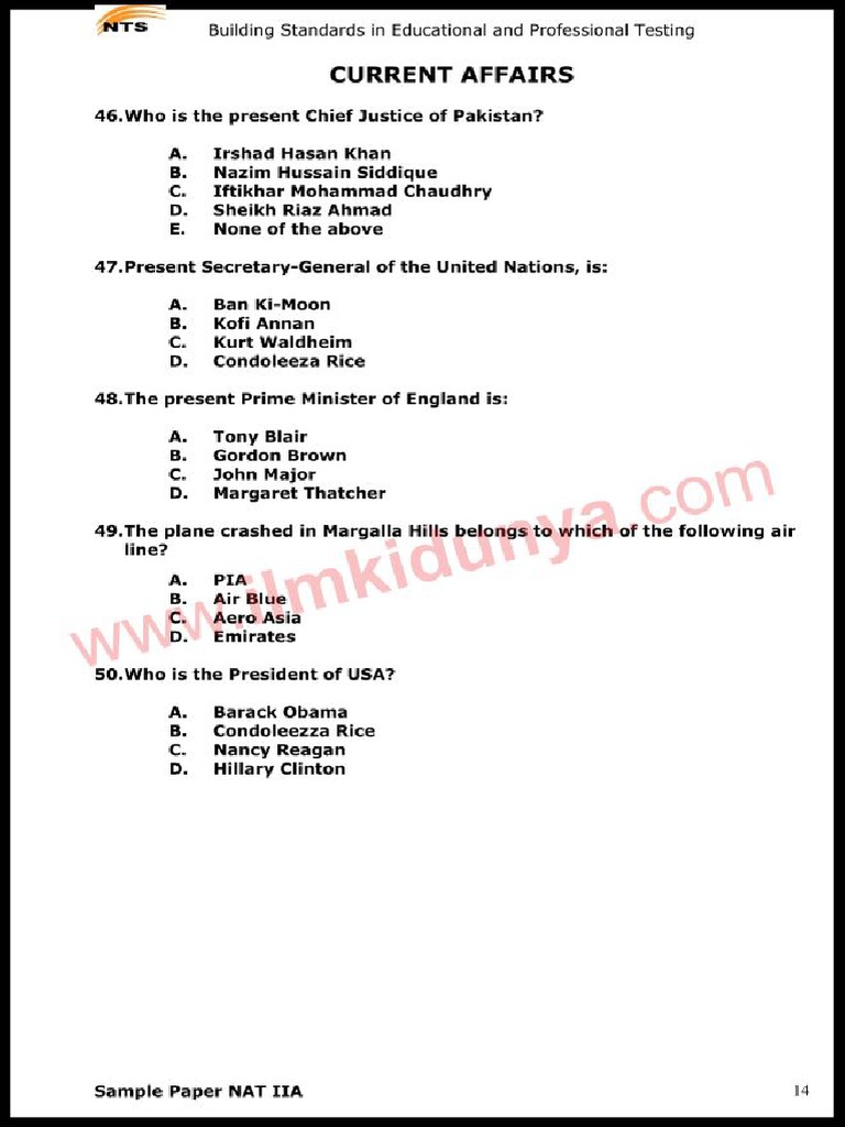 NTS Sample Papers Past Papers NAT IIA Social Science Current Affairs | PDF