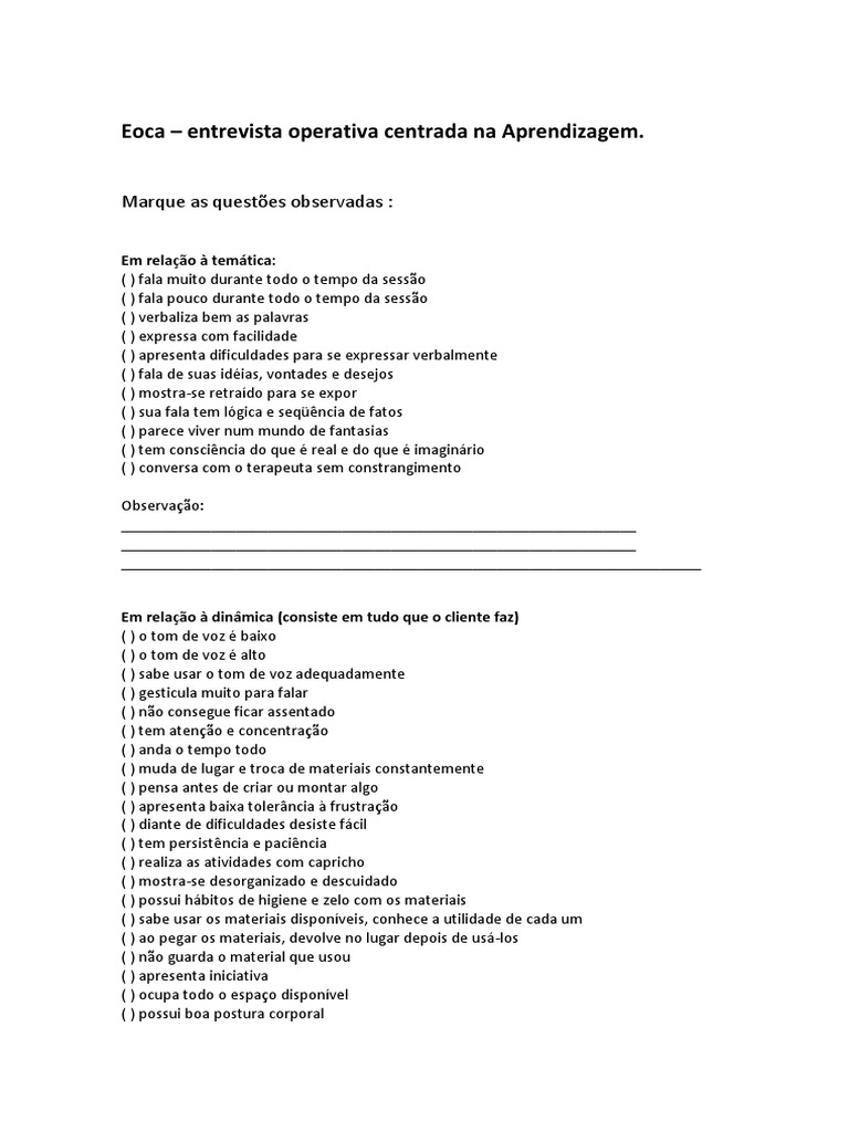 Roteiro Da Eoca PDF | PDF | Aprendizado | Psicologia