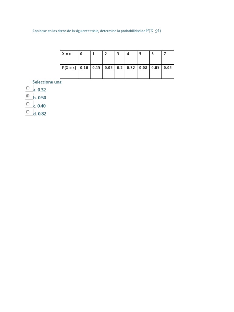 Probability of X being less than or equal to 4 based on the given ...