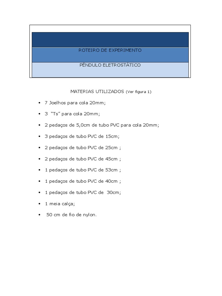 Roteiro Do Experimento Do Pendulo Eletrostatico | PDF | Eletrostática ...