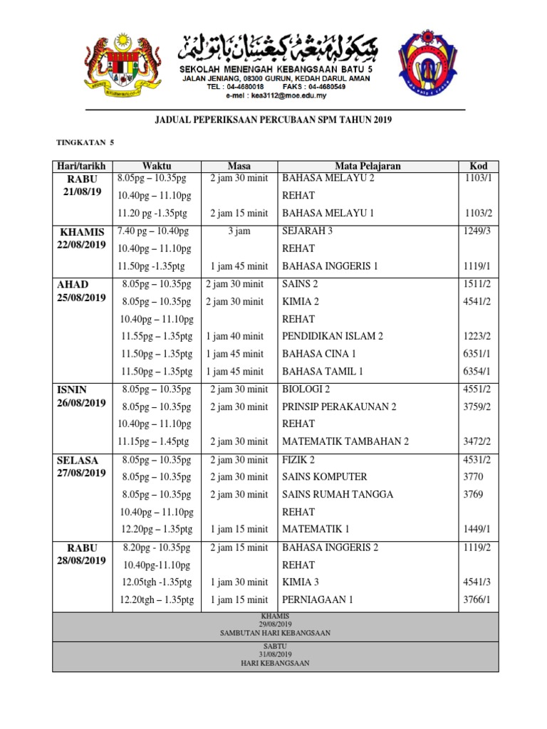 Jadual Peperiksaan Percubaan SPM 2019 | PDF