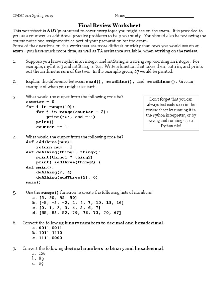 Final Review Worksheet: CMSC 201 Spring 2019 Name | PDF | Control Flow ...