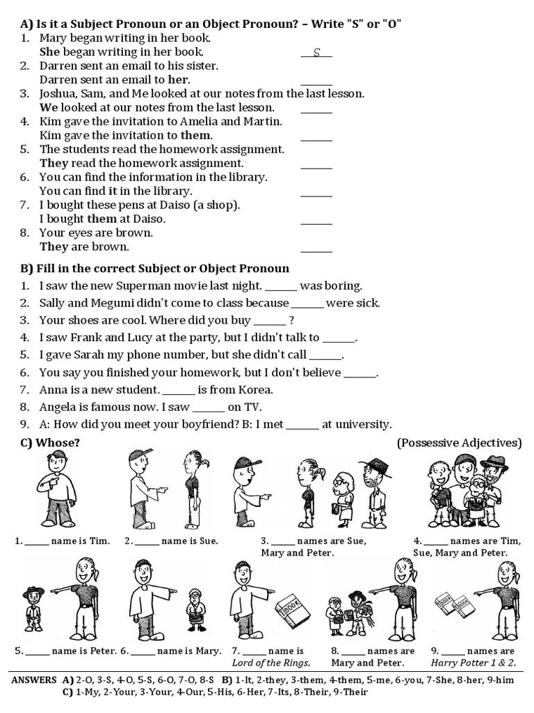 Possessive Subject Object Pronoun Worksheets Using Personal Pronouns