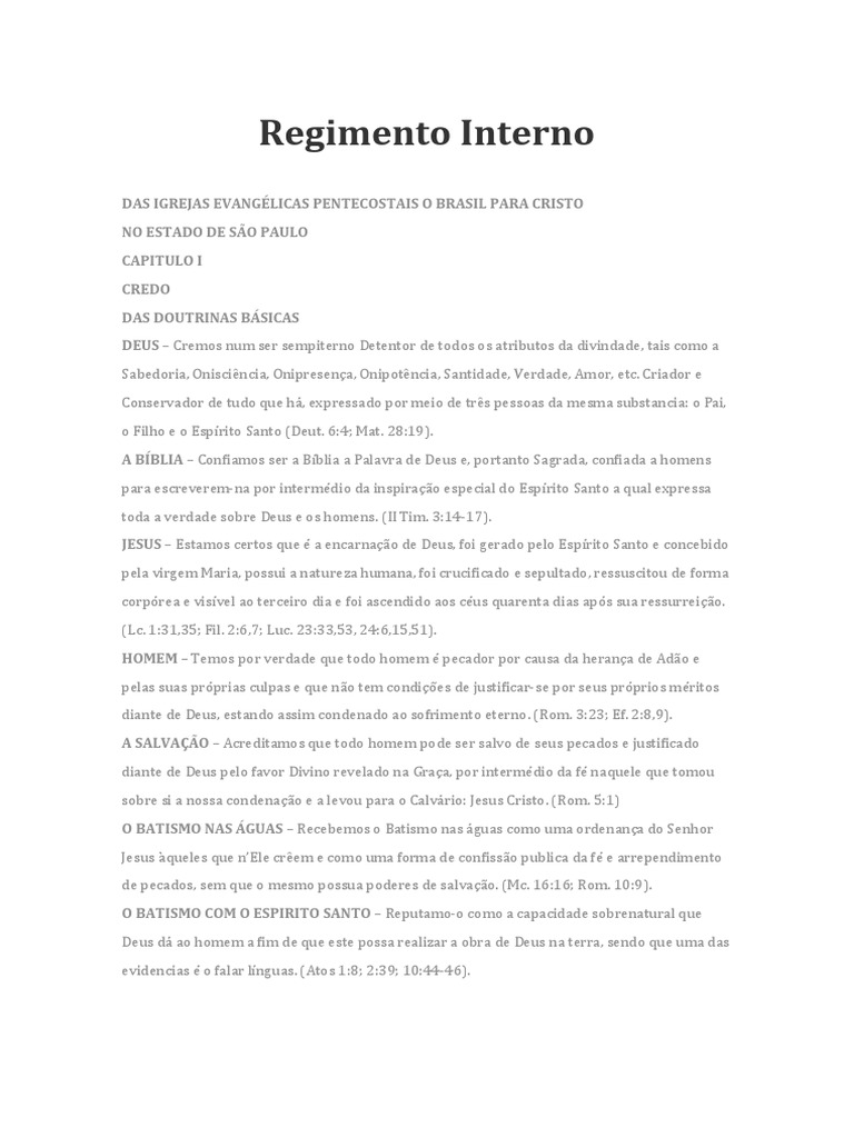 Regimento Interno da Igreja Pentecostal O Brasil para Cristo | PDF | Diácono | Dízimo