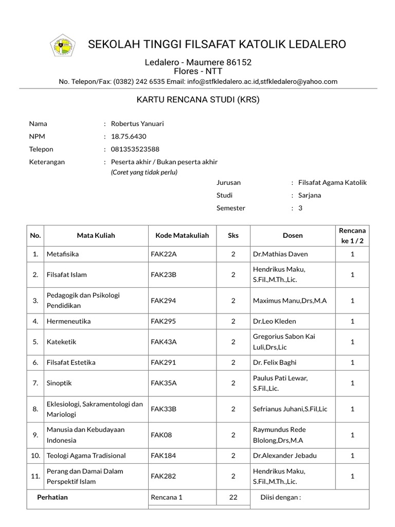 Contoh Kartu Rencana Studi | PDF