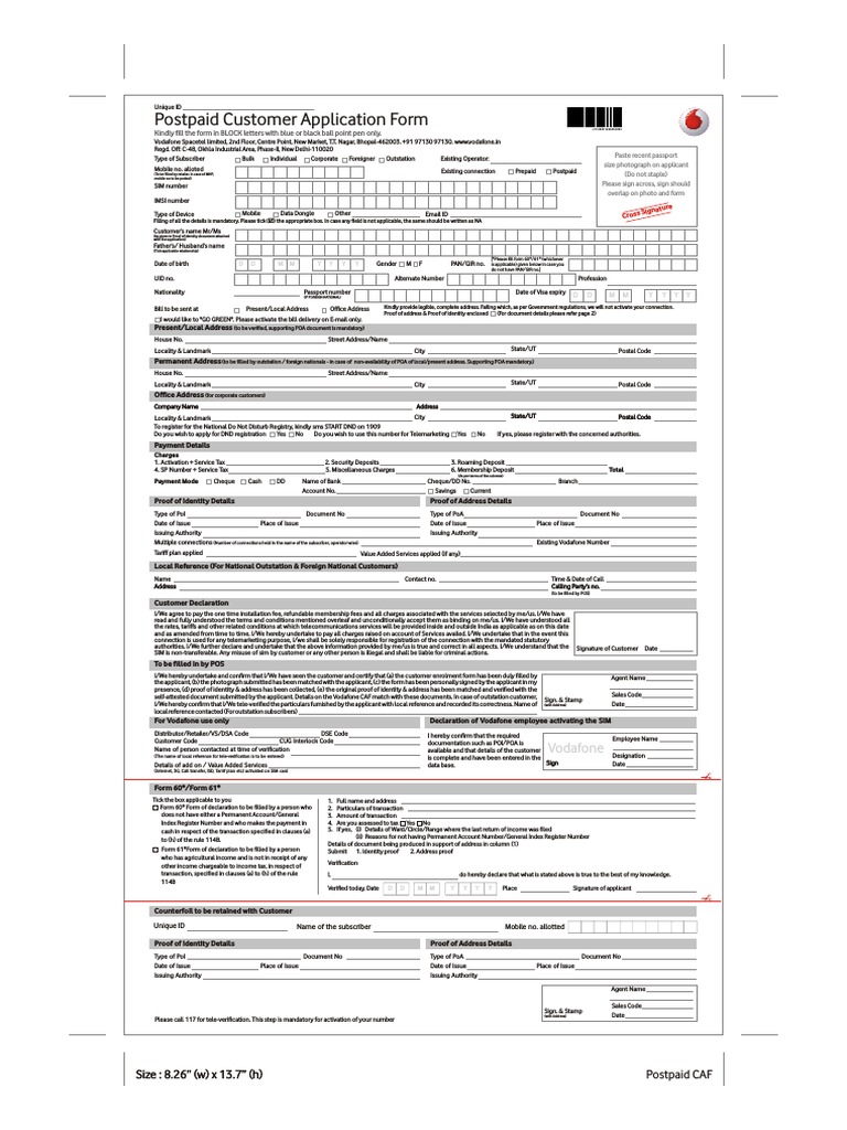 Postpaid Customer Application Form: Postpaid CAF Size: 8.26" (W) X 13.7 ...