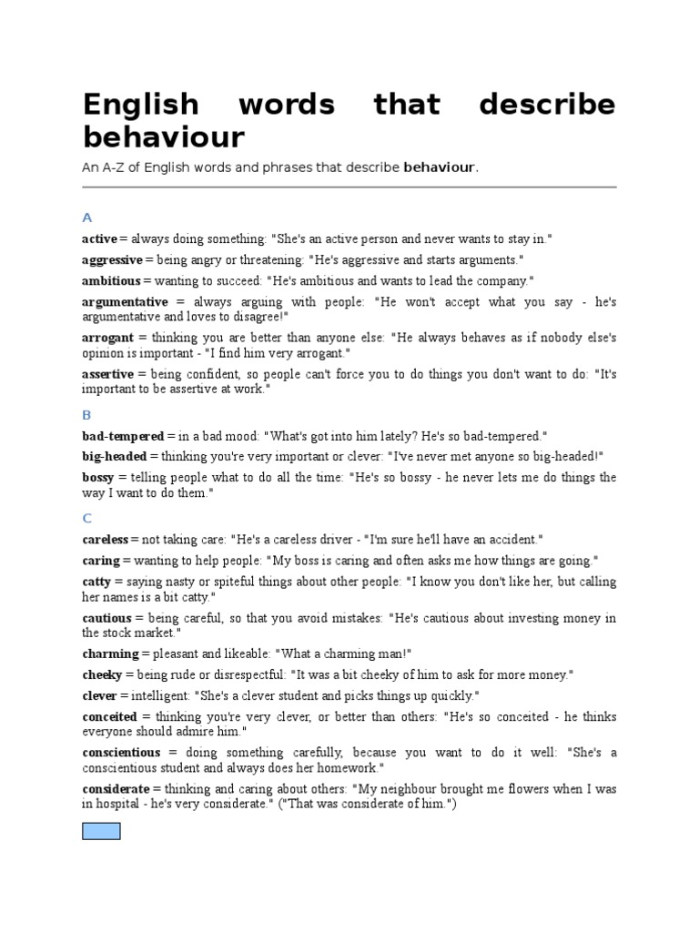 English Words That Describe Behaviour | PDF