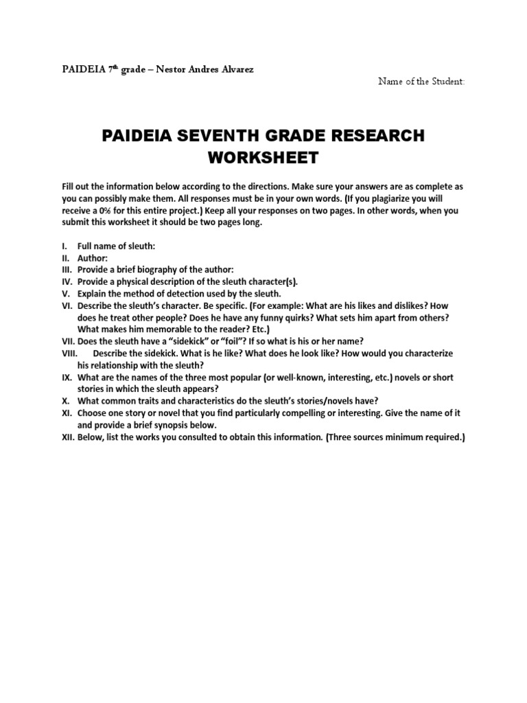 Paideia Seventh Grade Research Worksheet | PDF