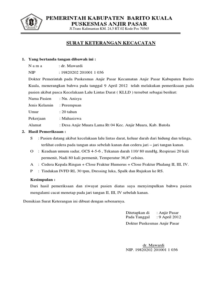 Surat Keterangan Kecacatan Pasien KLLD | PDF