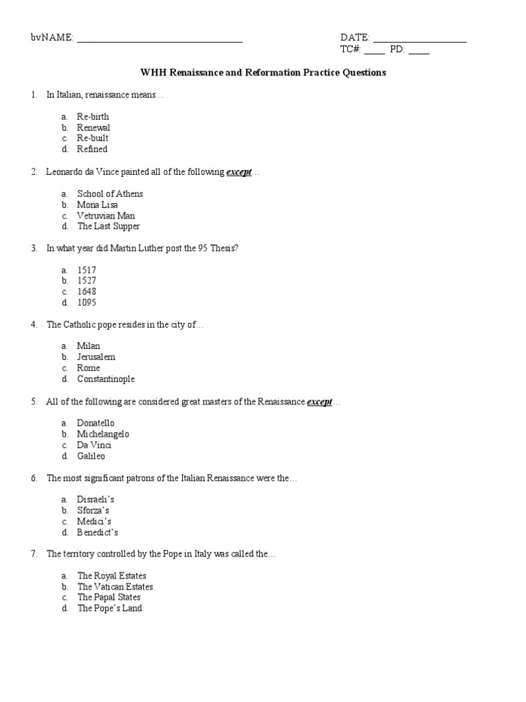 WHH - Renaissance.reformation - Practice Questions | PDF | Renaissance ...