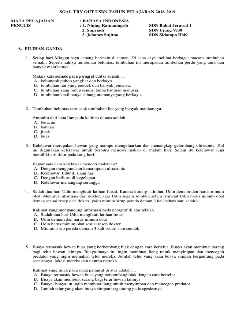 Soal Bahasa Indonesia Uasbn Kelas 6 | PDF
