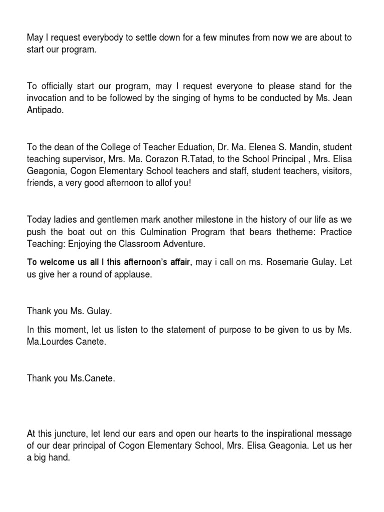 Script For Culmination Program | PDF | Teachers