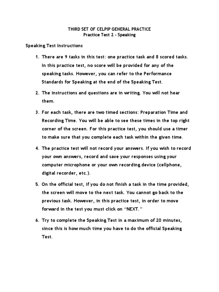 Third Set of Celpip General Practice Practice Test 2 - Speaking | PDF ...
