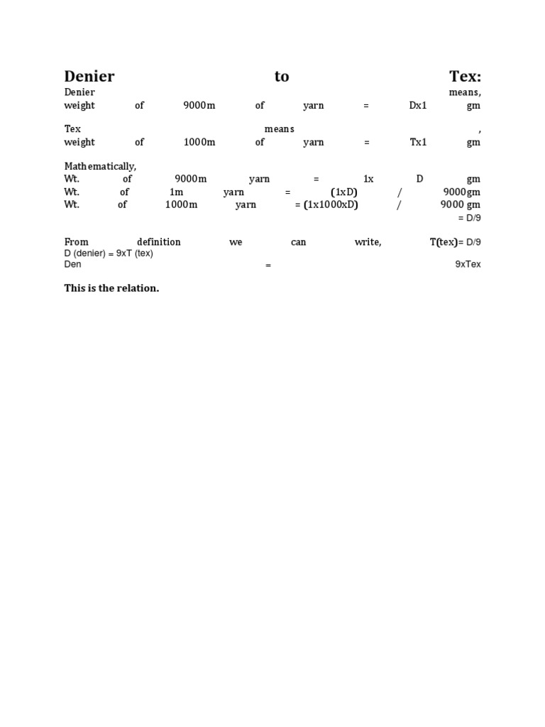 Denier To Tex:: This Is The Relation | PDF