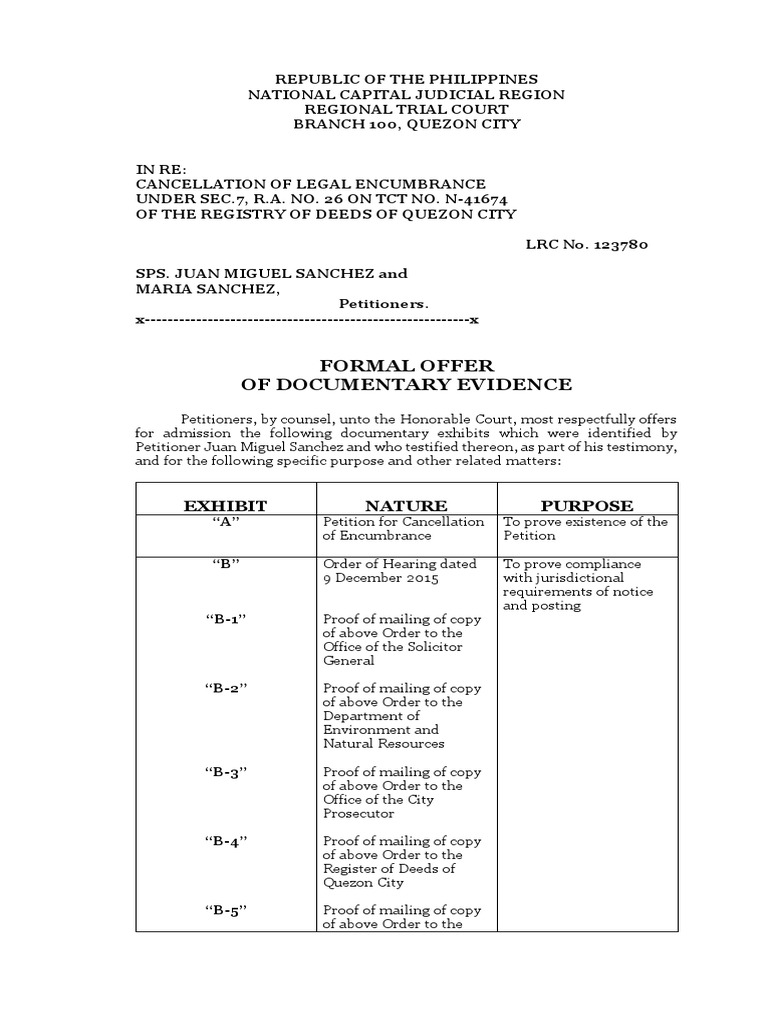 Formal Offer of Exhibits | PDF | Title (Property) | Social Institutions