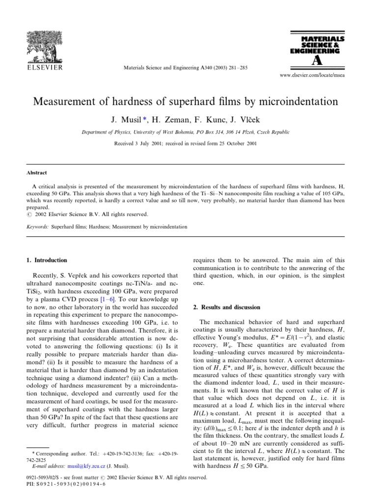 Measurement of Hardness of Superhard Films by Microindentation | PDF | Hardness | Elasticity ...