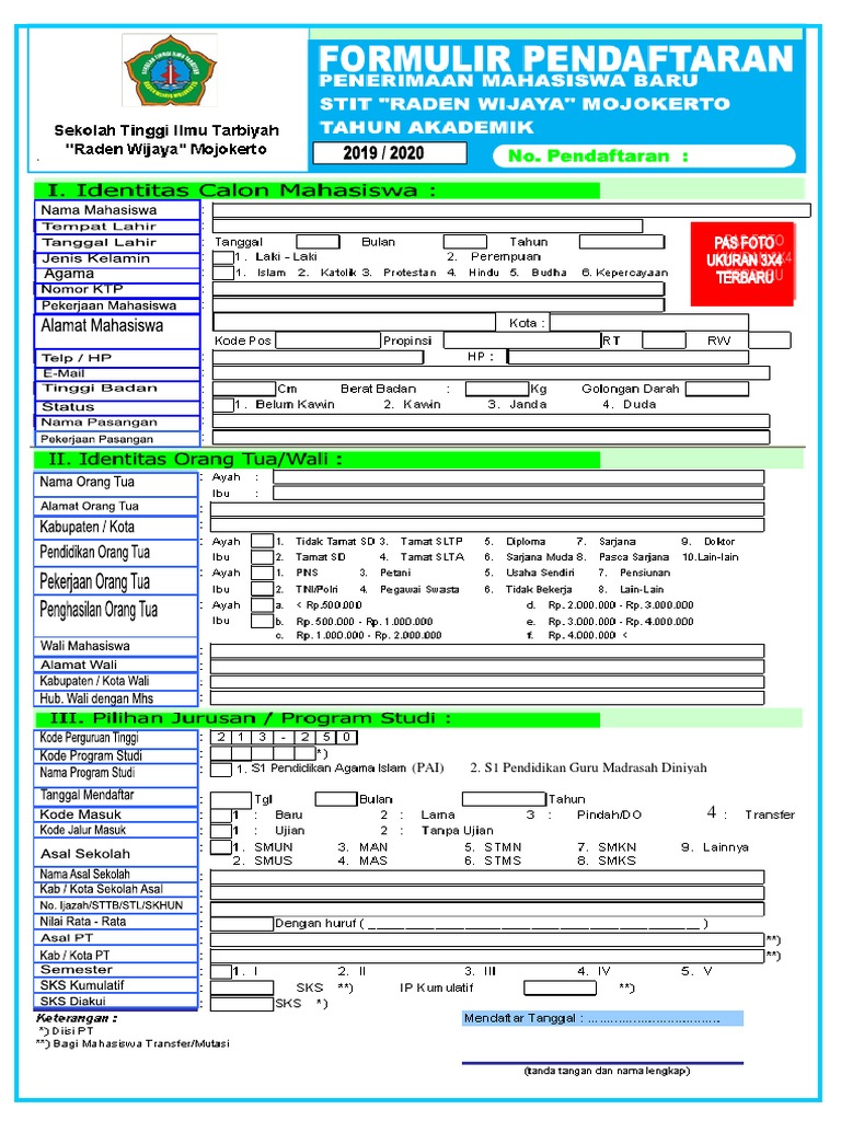 Contoh Formulir Pendaftaran MAHASISWA BARU | PDF