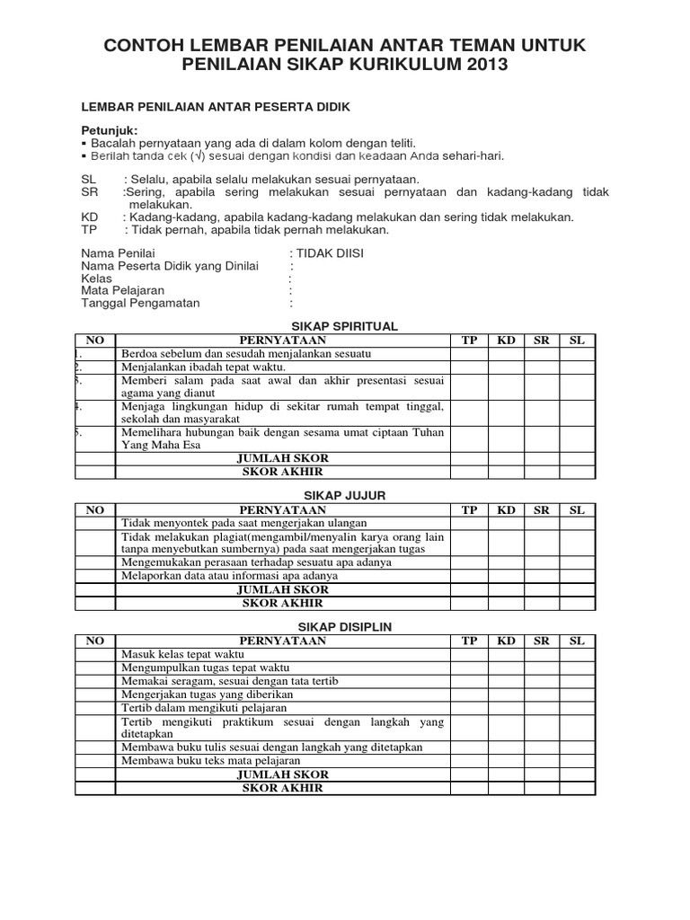 Contoh Lembar Penilaian Antar Teman Untuk Penilaian Sikap Kurikulum ...