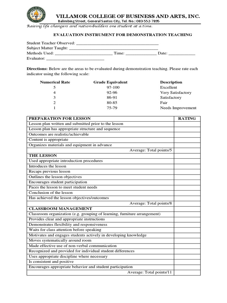 Evaluation Form for Demo | Lesson Plan | Classroom Management