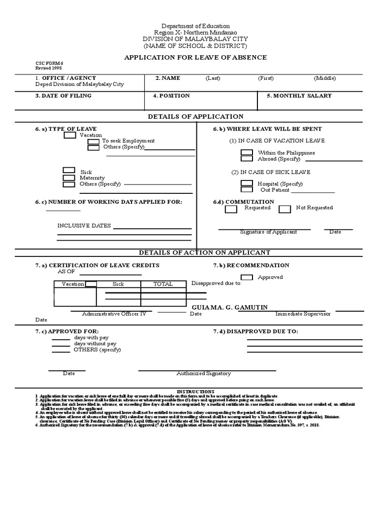 Application For Leave of Absence CSC Form 6 Revised 1998 | PDF | Sick ...