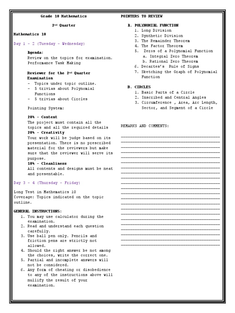 Day 1 - 2 (Tuesday - Wednesday) : Grade 10 Mathematics 2 Quarter Mathematics 10 Pointers To ...