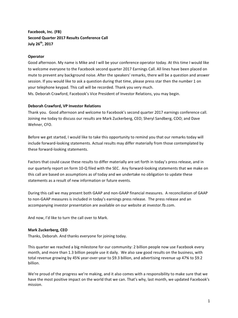 Q2 '17 Earnings Call Transcript | PDF | Advertising | Facebook