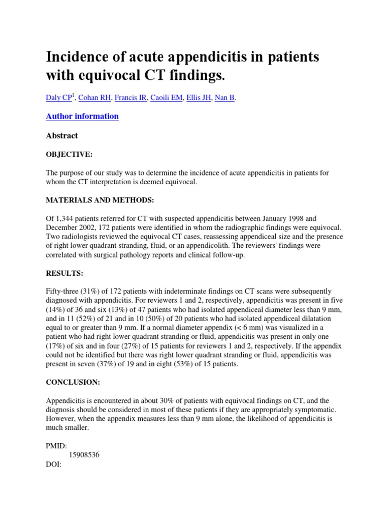 Incidence of Acute Appendicitis in Patients With Equivocal CT Findings ...
