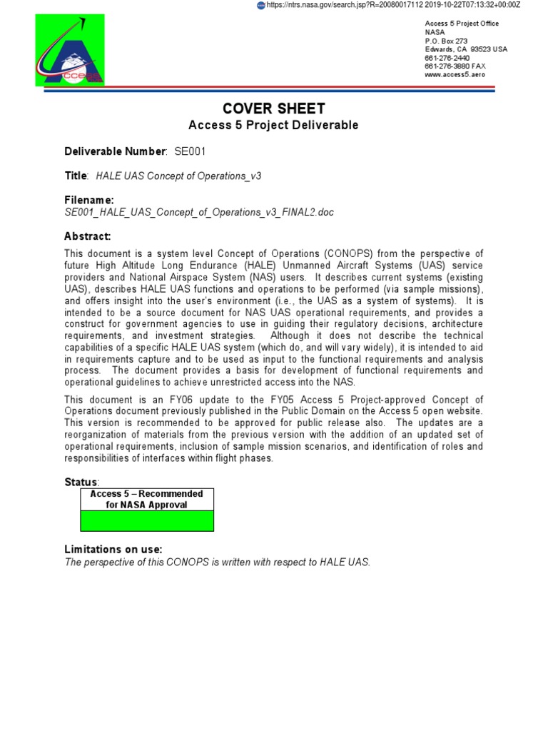 NASA UAS - HALE UAS Concept of Operations - v3 | PDF | Unmanned Aerial ...