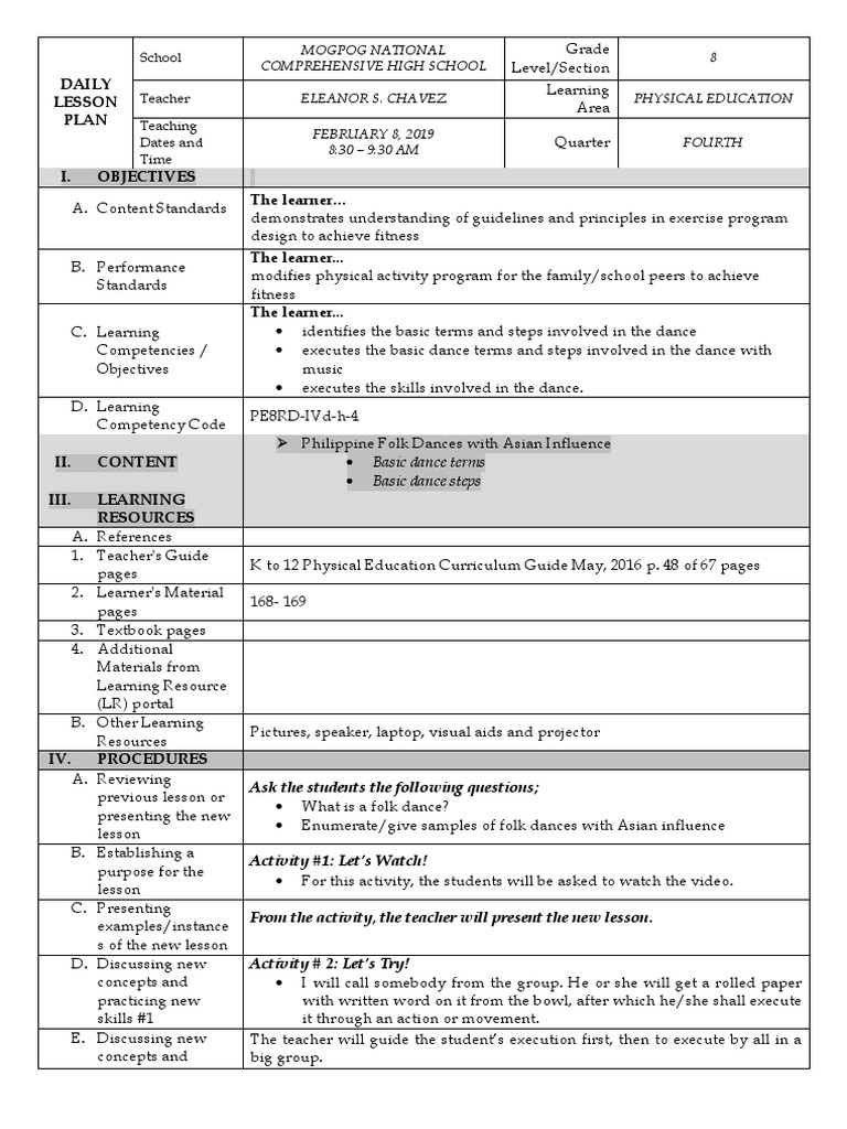 Grade 8 PE: Philippine Folk Dance | PDF | Lesson Plan | Teachers