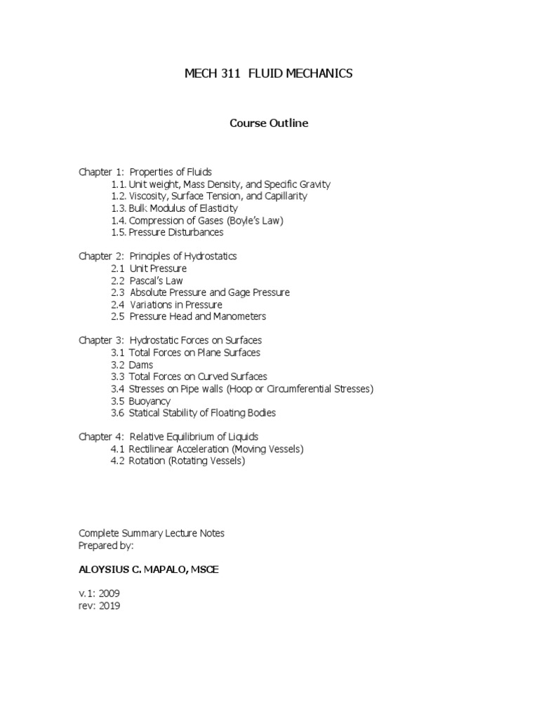 Mech 311 Fluid Mechanics Lecture Notes | PDF | Buoyancy | Pressure